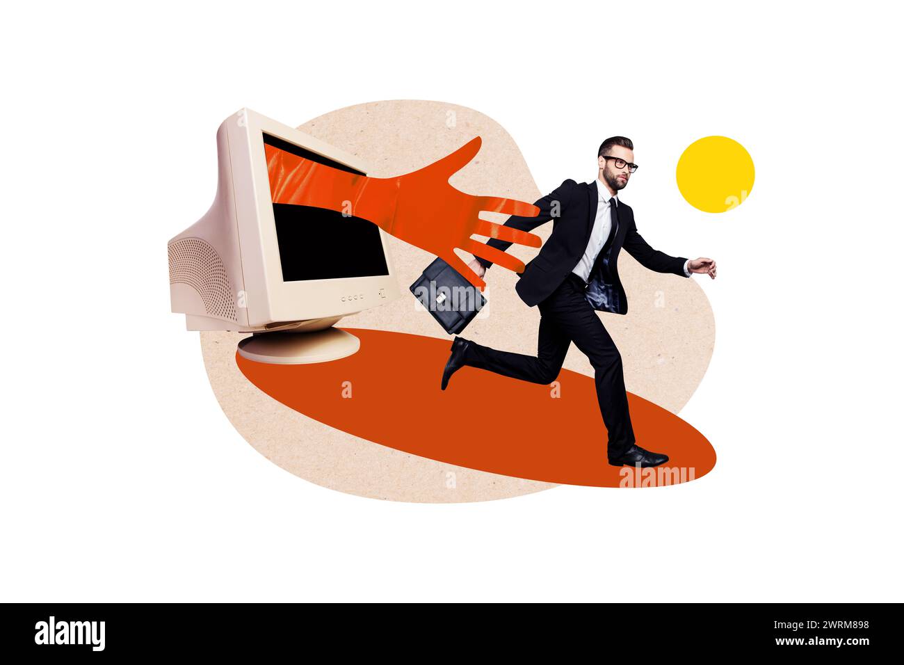 Creative photo collage running young businessman escape arm try catch ...