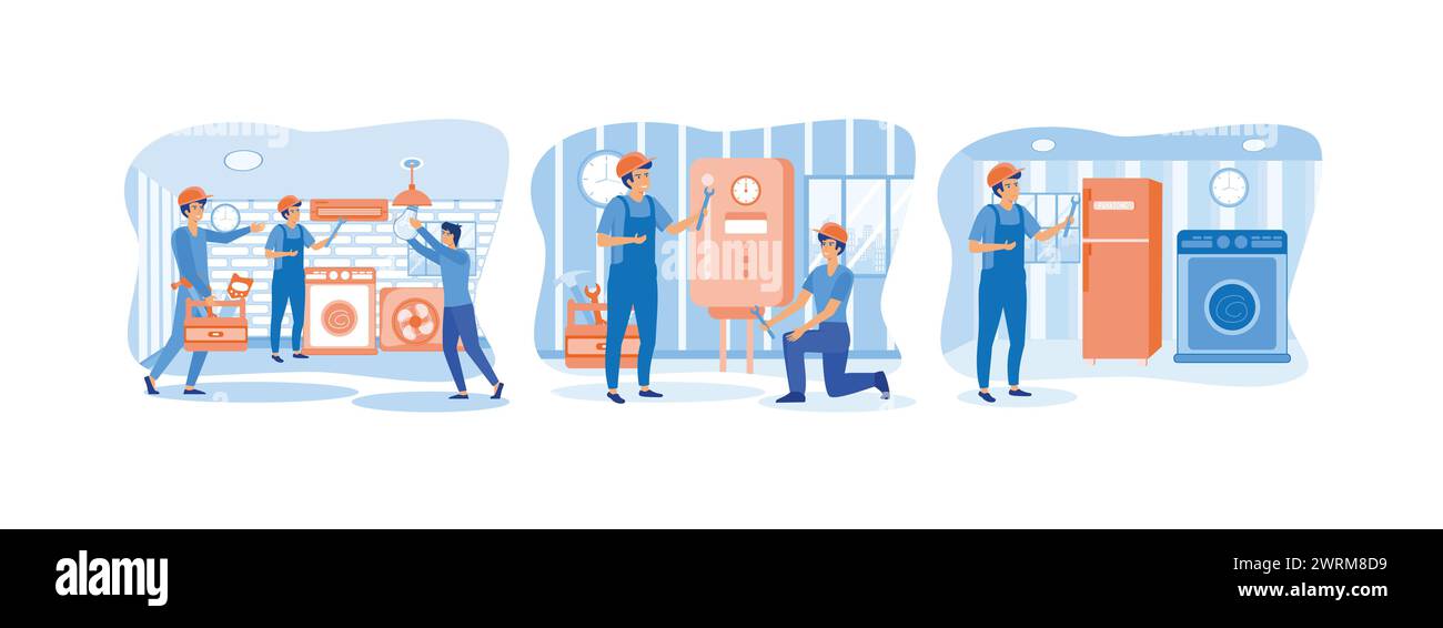 Servicemen repairing machines at home.Repairs broken water heater ...