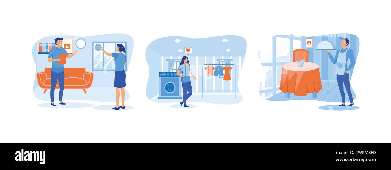 Hotel manager training staff. Female hotel staff laundry service.Hotel ...