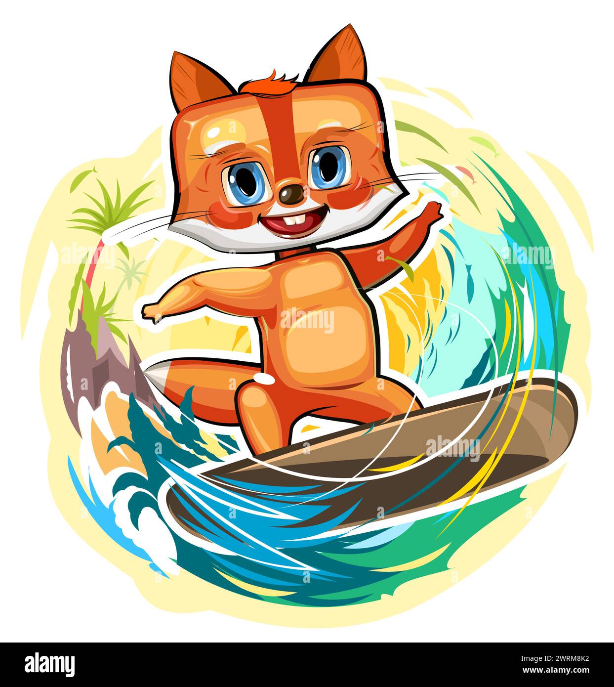 little fox rides board on waves. Sticker. Animal isolated on white ...
