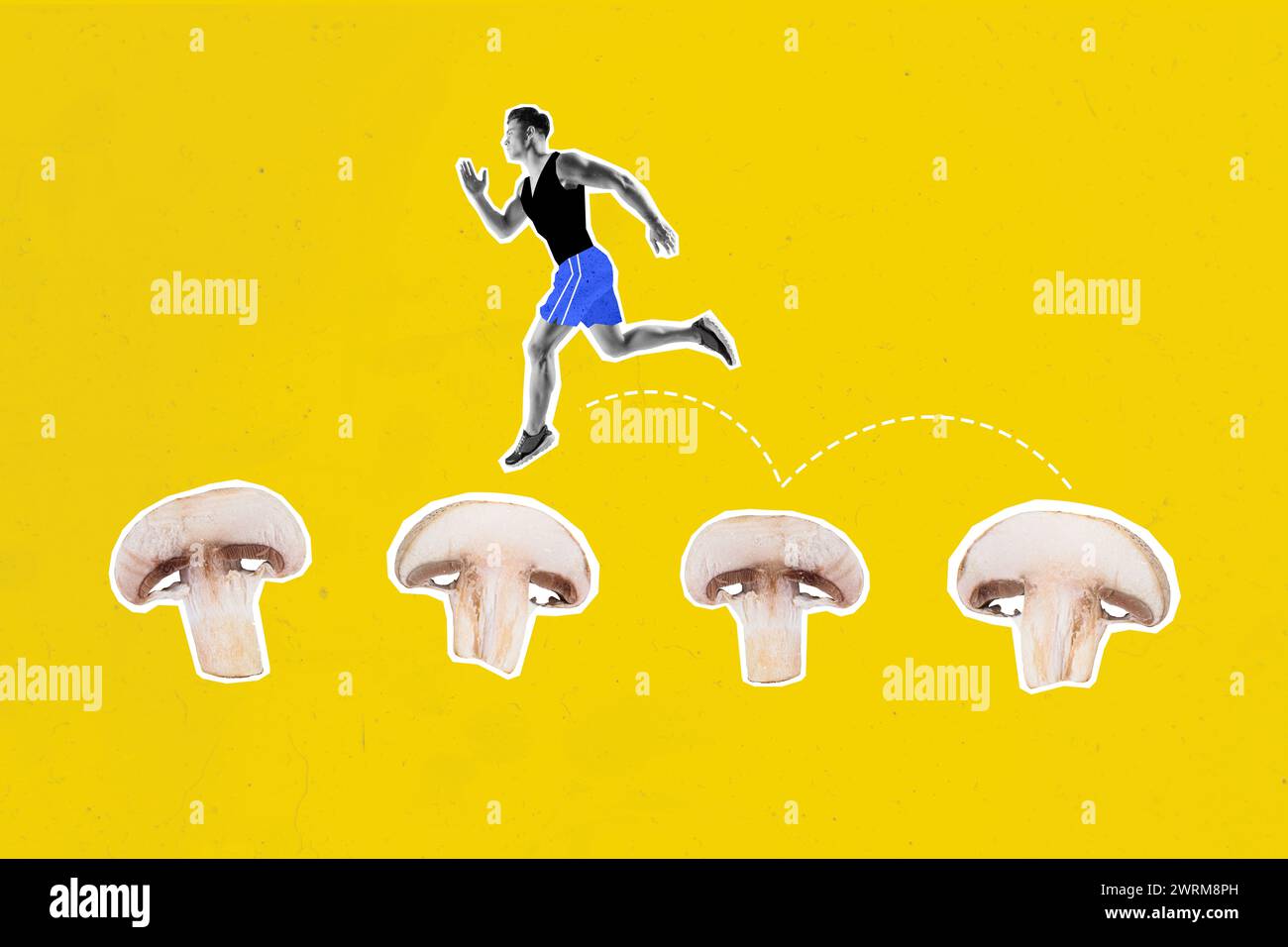 Creative collage running energetic sportsman athlete mushrooms vegan ...