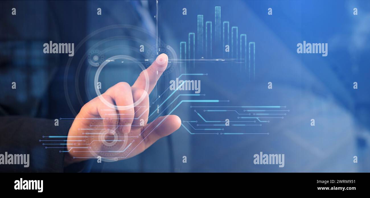 Cg tech collage. A businessman touches with his index finger a point on ...