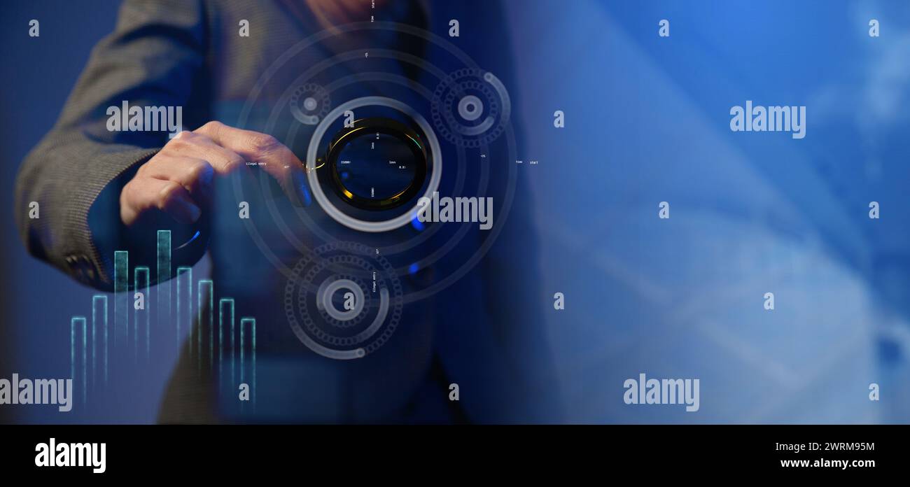 Cg tech collage. Hand with a magnifying glass on a background of graphs ...
