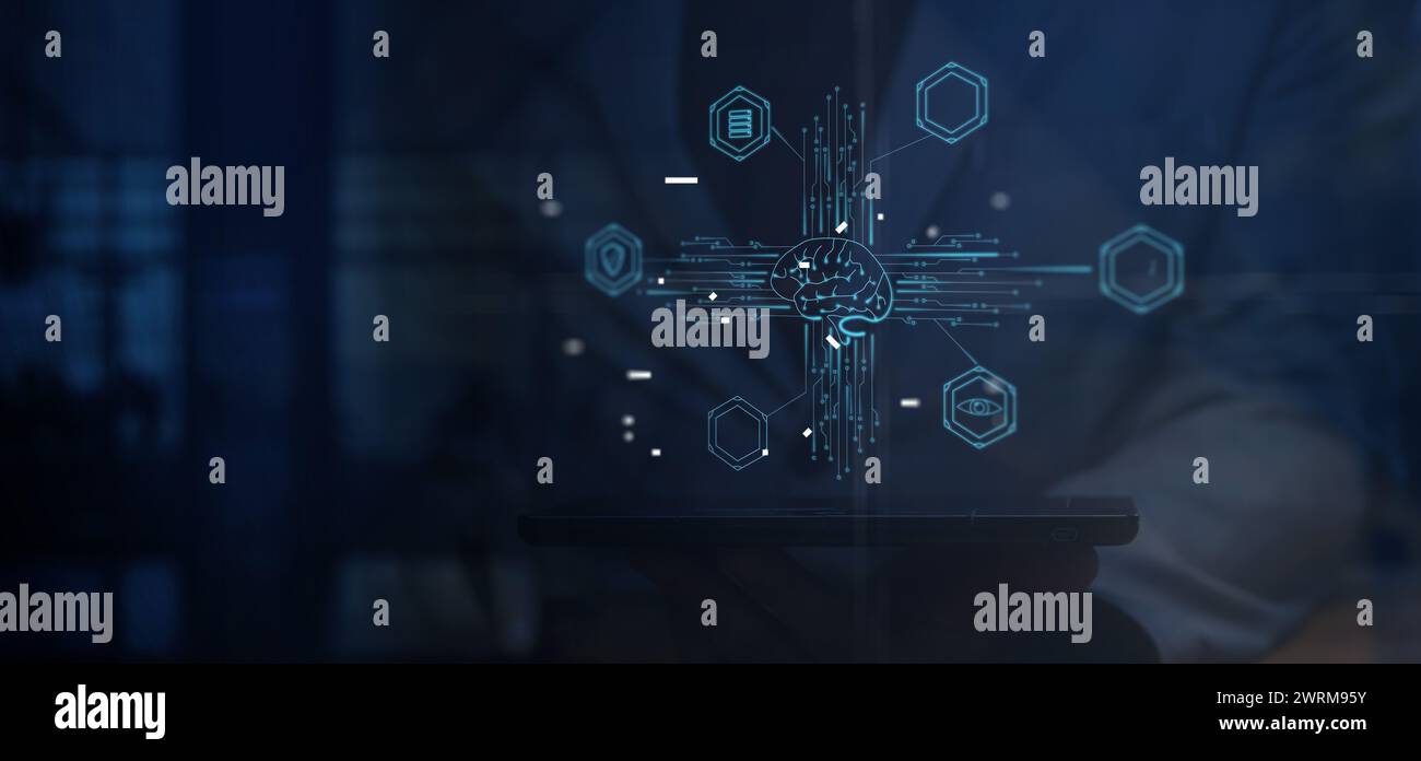 Cg tech collage. Human digital brain and AI chip inside database ...