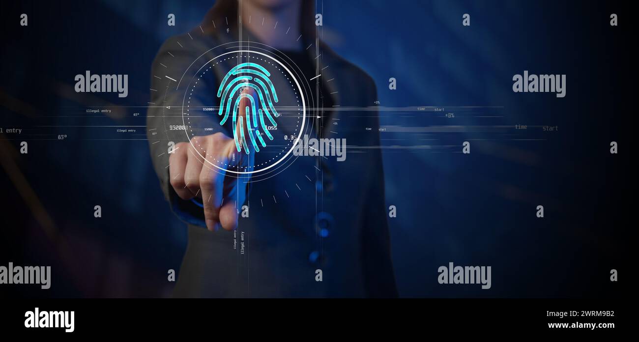 Cg tech collage. A businesswoman touches with her index finger a point ...