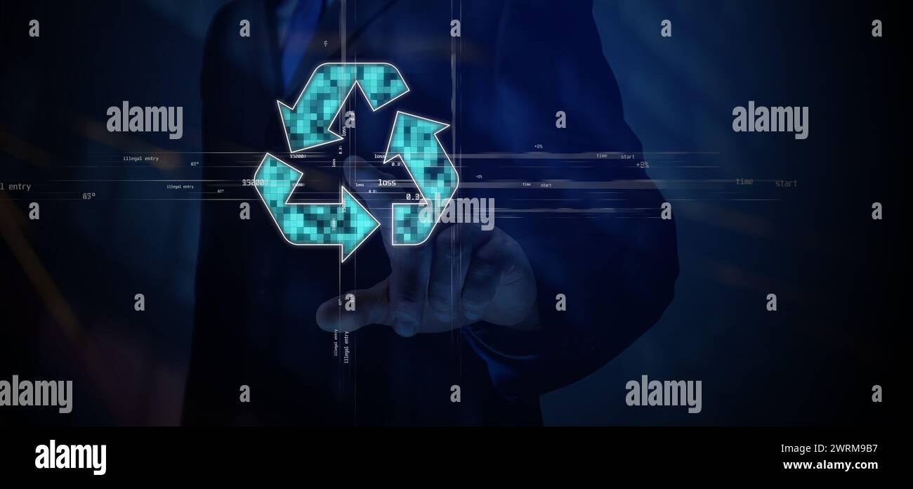 Cg tech collage. A businessman touches with his index finger a point on ...