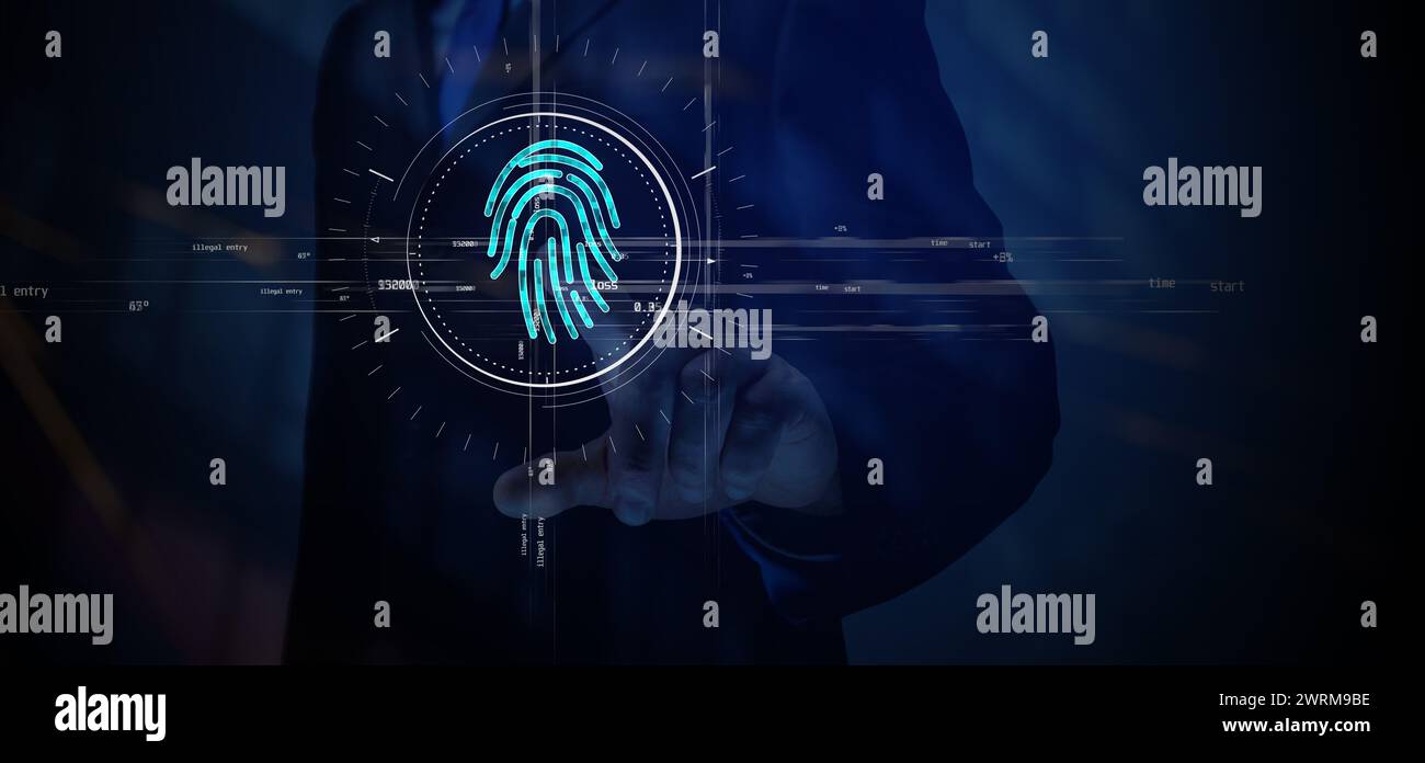 Cg tech collage. A businessman touches with his index finger a point on ...