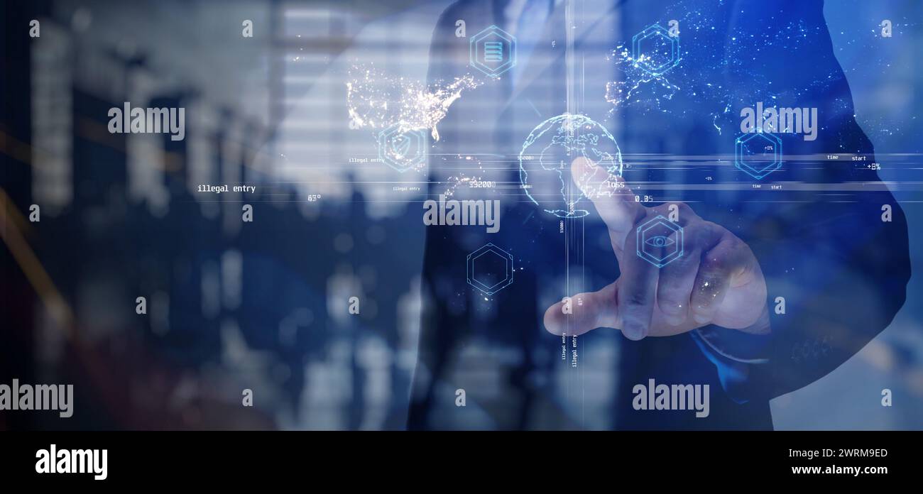 Cg tech collage. Dark background with a silhouette of a business man ...