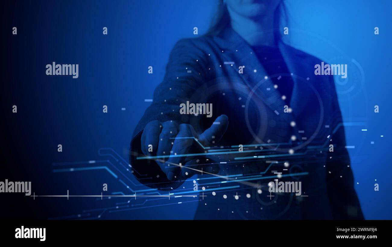 Cg tech collage. Dark background with a silhouette of a business woman ...