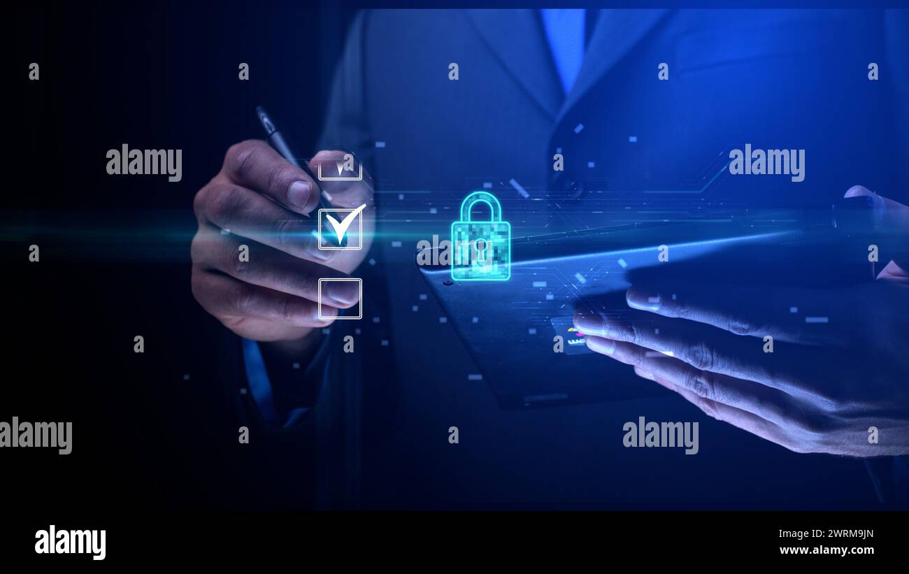 Cg tech collage. A digital lock against the background of a silhouette ...