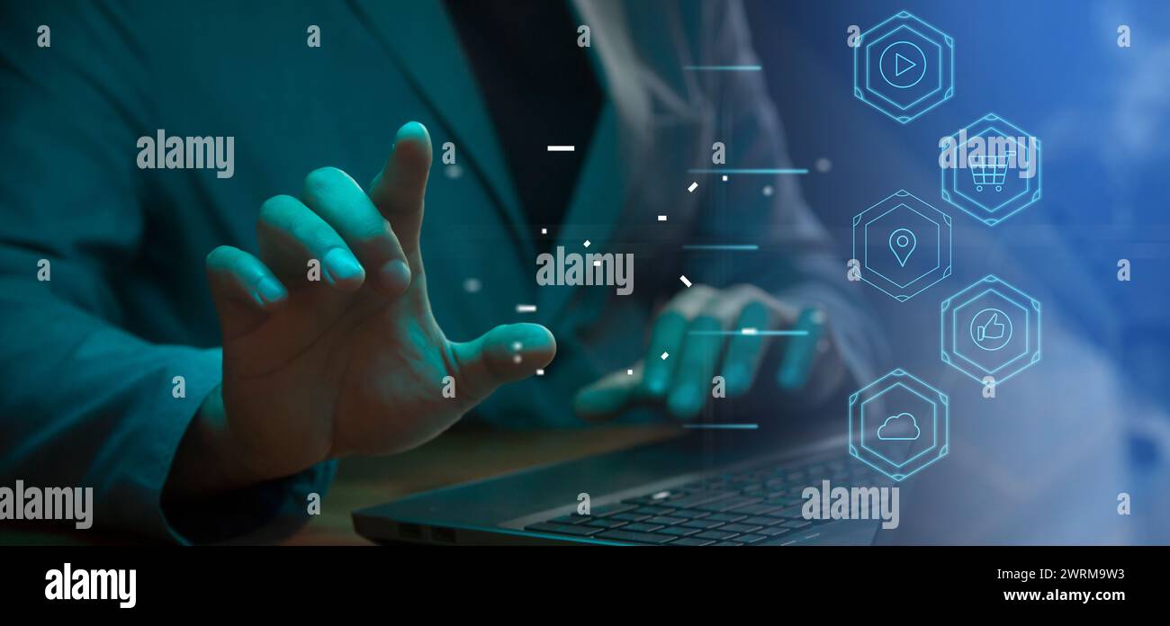 Cg tech collage. Against the background of a silhouette of an employee with a laptop, there are ...