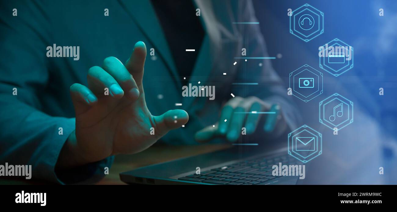 Cg tech collage. Against the background of a silhouette of an employee ...