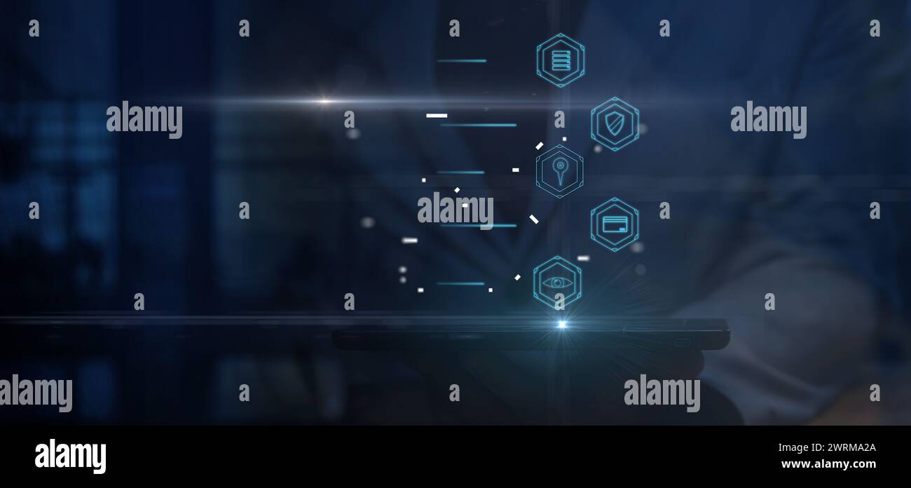 Cg tech collage. Against the background of a silhouette of an employee ...