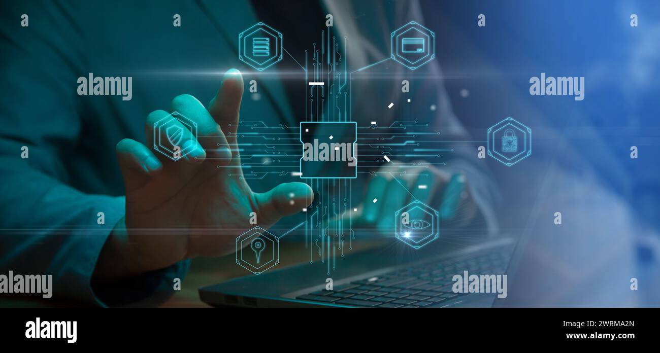 Cg tech collage. Against the background of a silhouette of an employee with a laptop, icons with ...