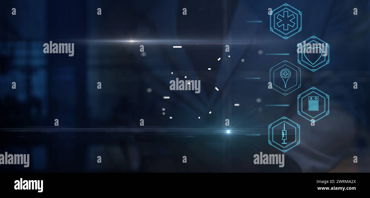 Cg tech collage. Against the background of a silhouette of an employee with a laptop, there are ...