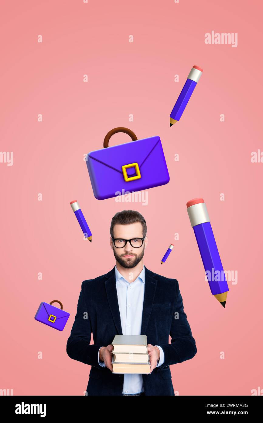 Vertical photo collage of young serious guy hold book stack student ...