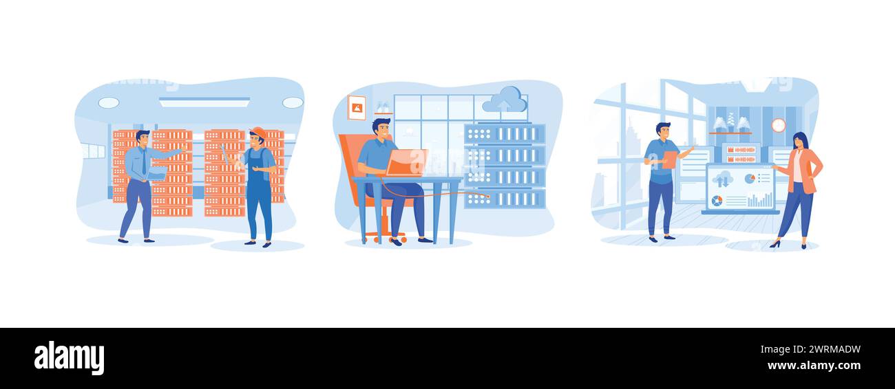 Data center services.Technician works in server room racks.Business technology cloud computing ...