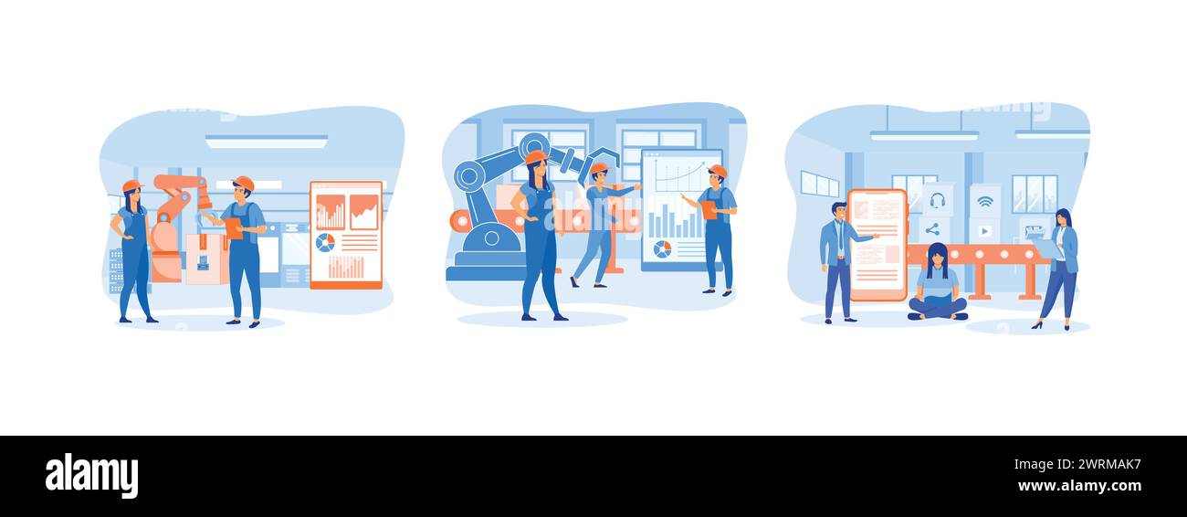 Smart Factory. Production line with workers. Sharing media data with a ...