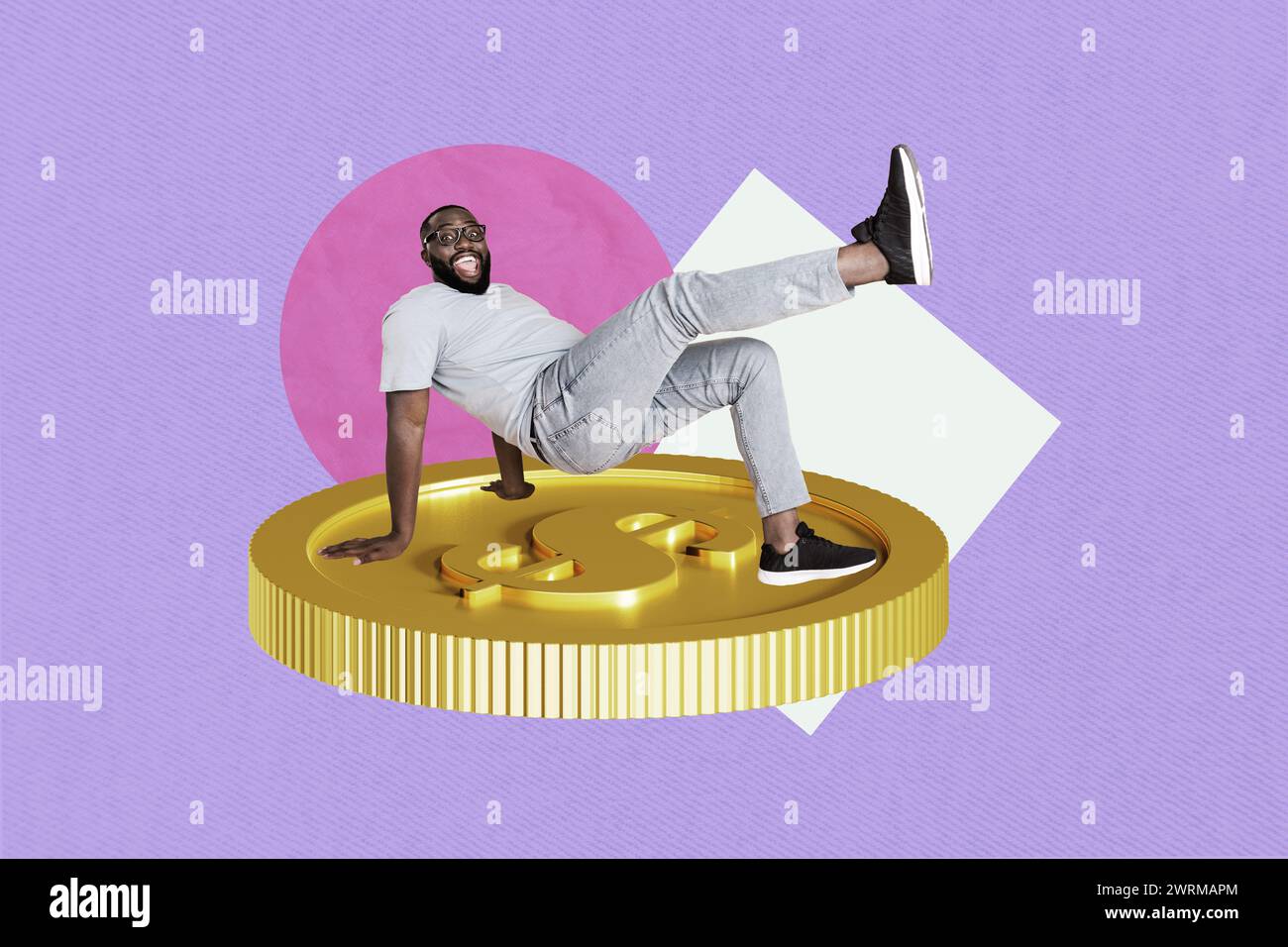 Composite photo collage of black american guy sit gold coin money ...