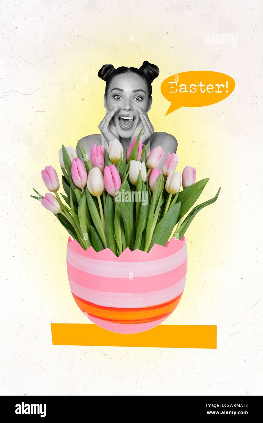 Creative vertical collage picture happy excited cute pretty girl say ...