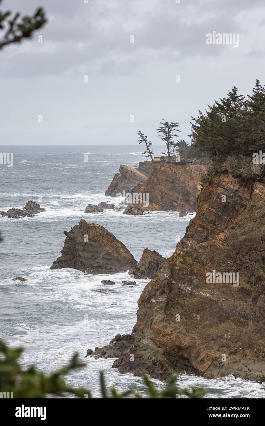 A rocky shoreline with a large body of water in the background. The ...