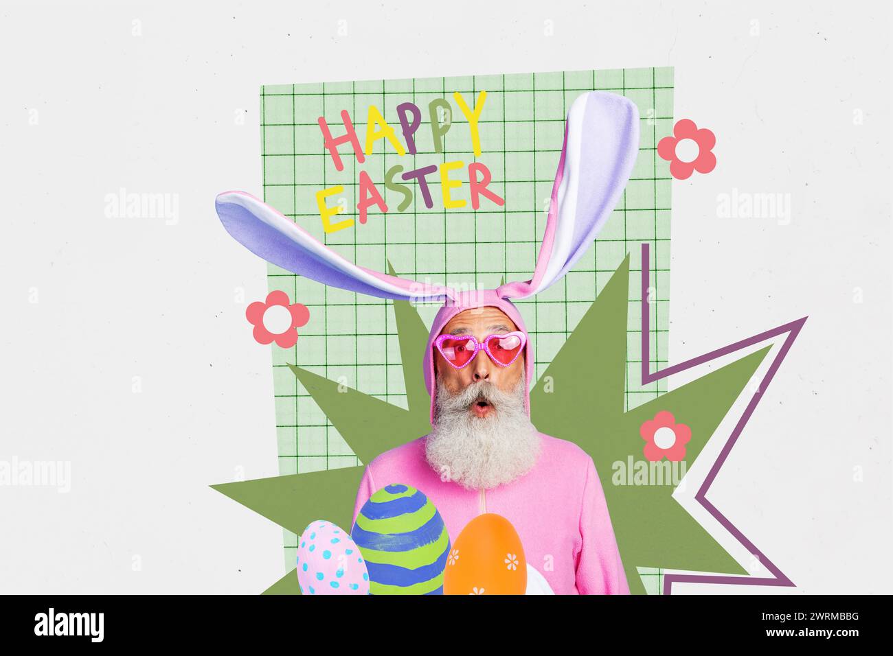 Artwork collage of surprised funky elderly man grandfather wear pink ...
