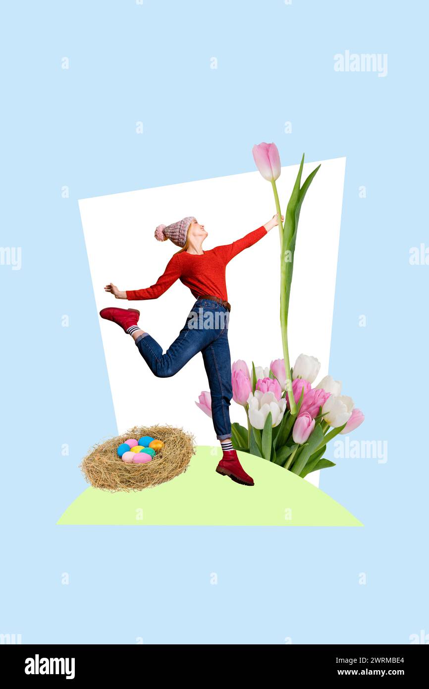 Vertical photo collage of happy girl stand one leg hold tulip flowers ...