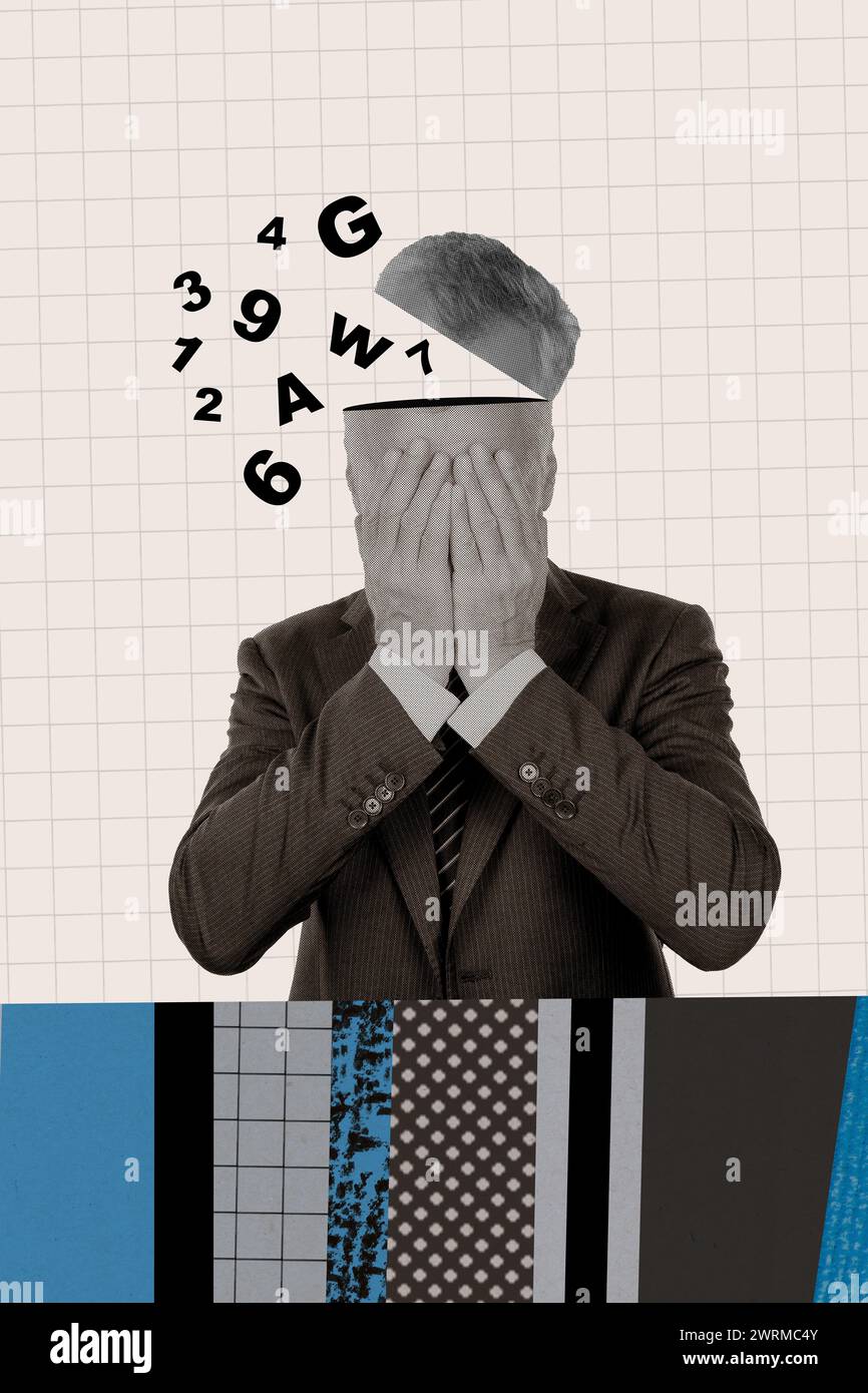 Vertical collage picture senior businessman hide face depression crying ...