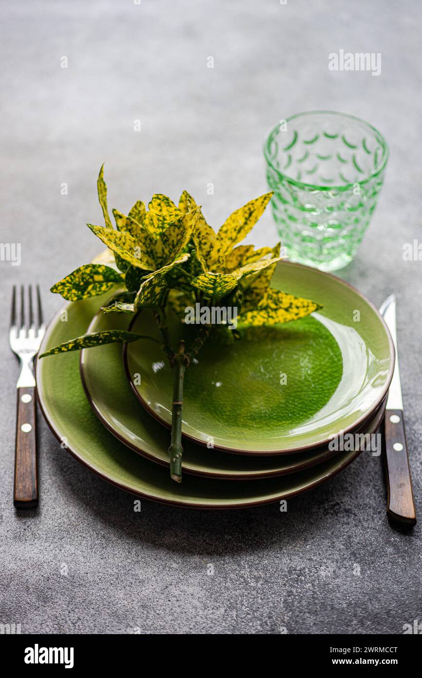 Elegant table setting featuring bright green ceramic plates, a ...