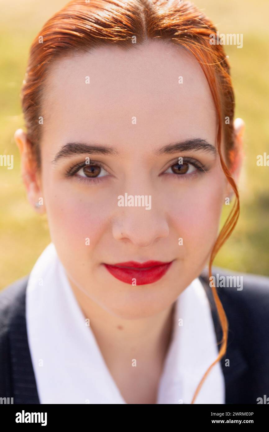 A detailed portrait of an air hostess showcasing her professional ...