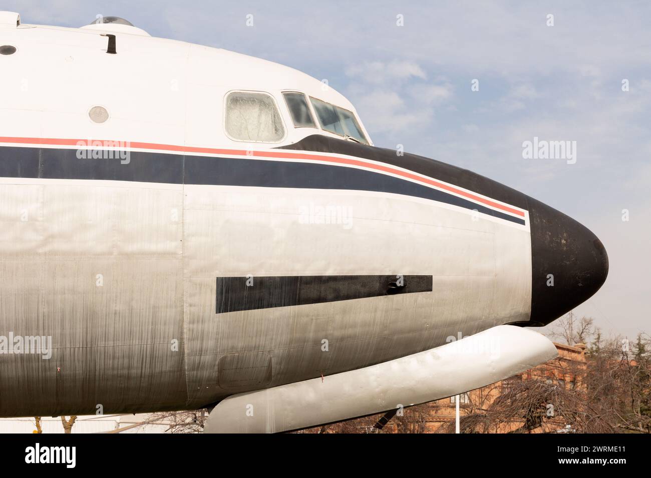 Close-up image capturing the iconic nose and cockpit windows of a ...