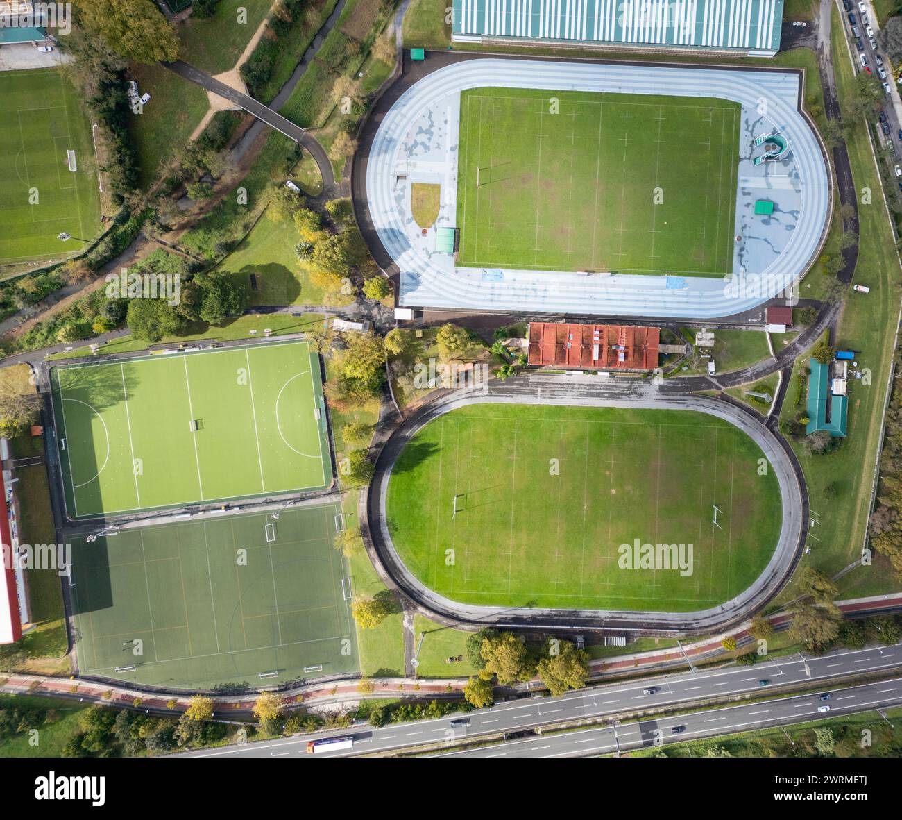 A top-down drone photograph showcasing various sports fields including ...
