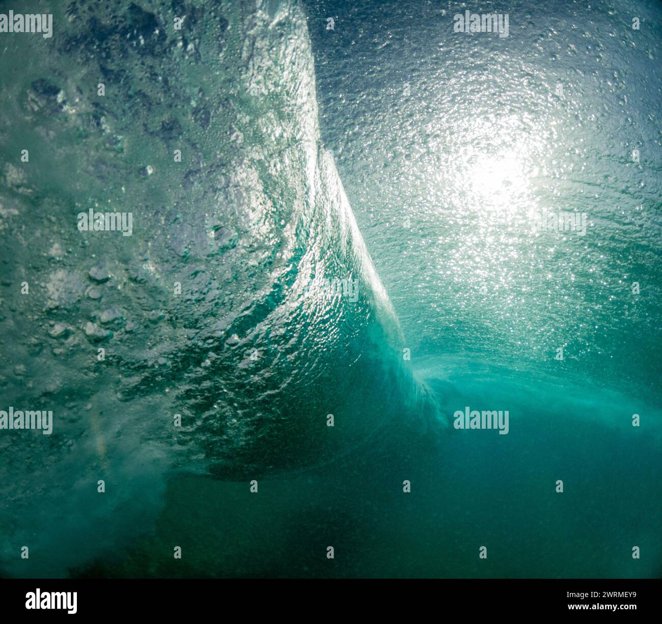 The dazzling sunlight filters through a towering wave, illuminating its ...