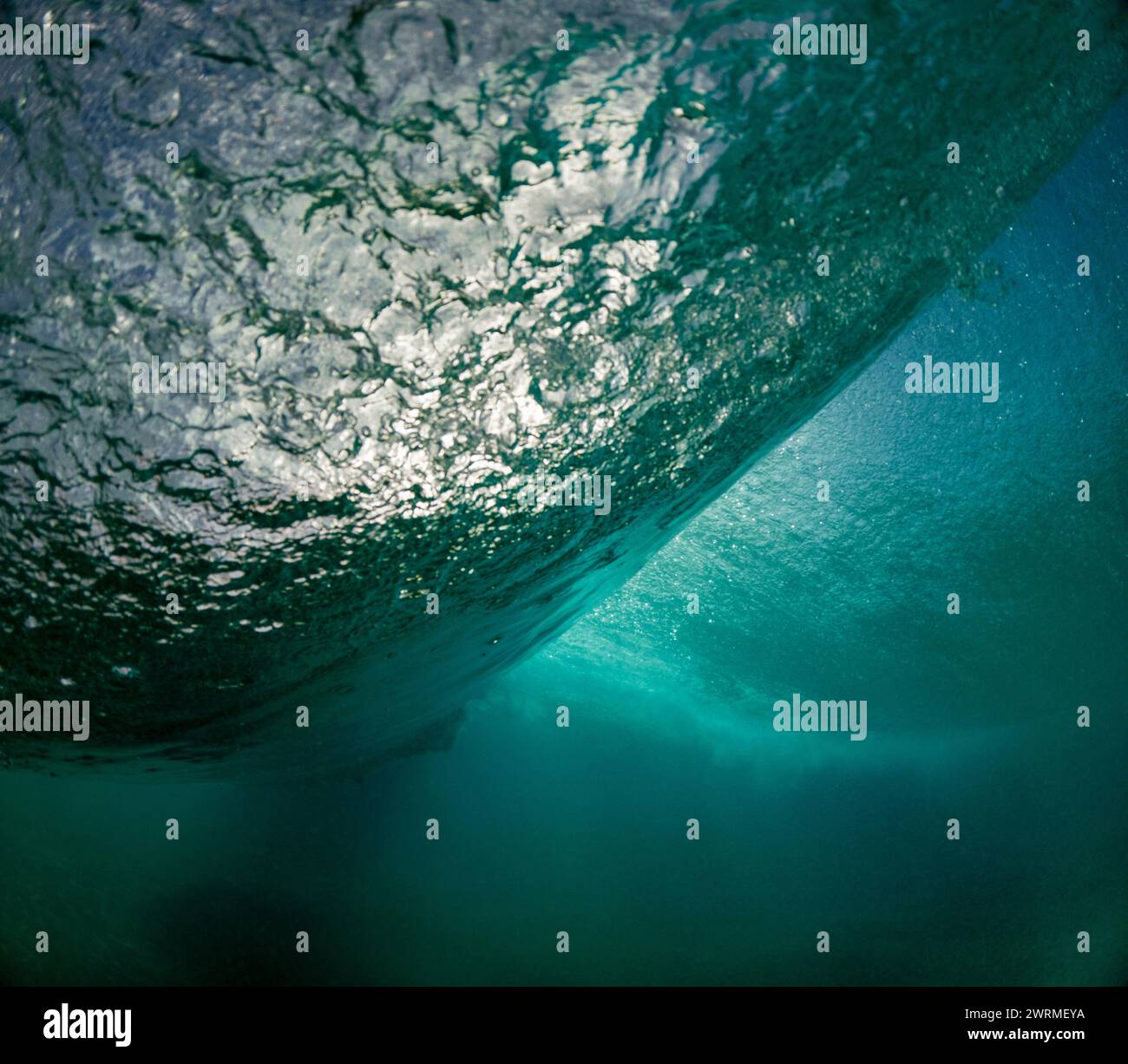 The underside of a powerful wave captured in exquisite detail, highlighting the textures and ...