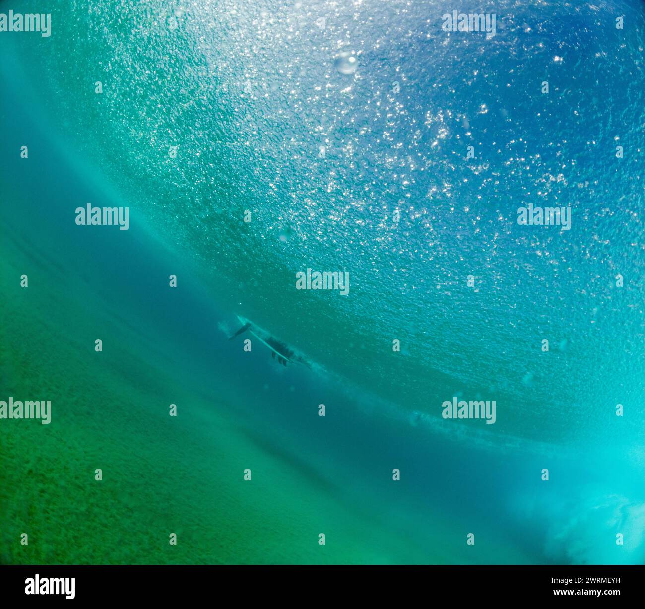 A serene underwater view as a surfer's silhouette glides above, with ...