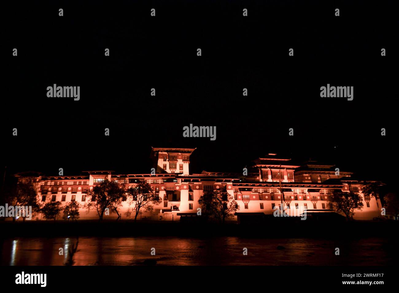Night lighting of a fortress in Bhutan Stock Photo - Alamy