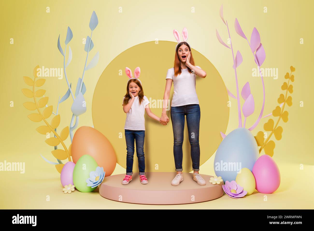 Creative collage photo young standing mother daughter holding hand ...