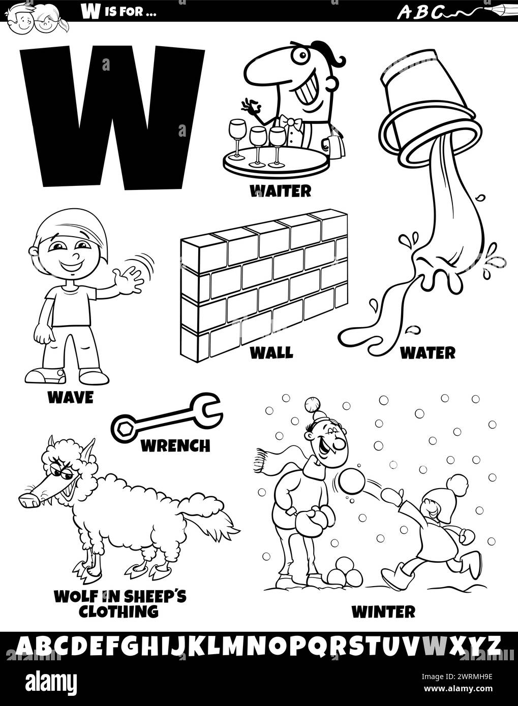 Cartoon illustration of objects and characters set for letter W ...