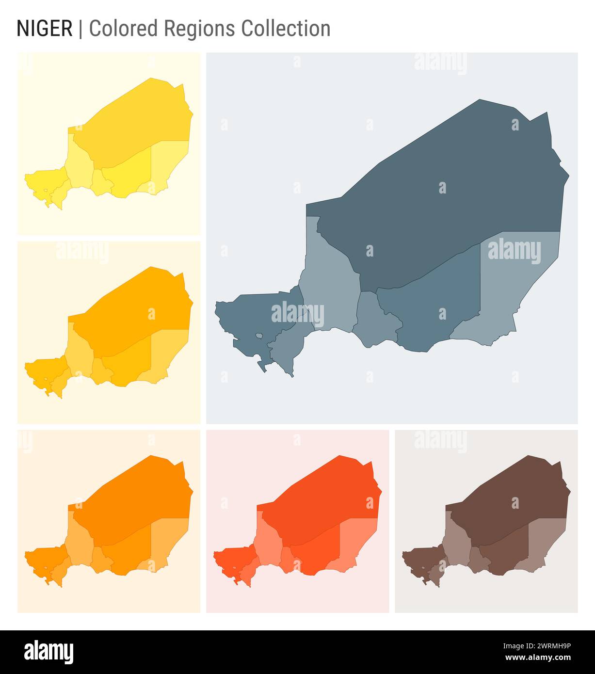 Niger map collection. Country shape with colored regions. Blue Grey ...