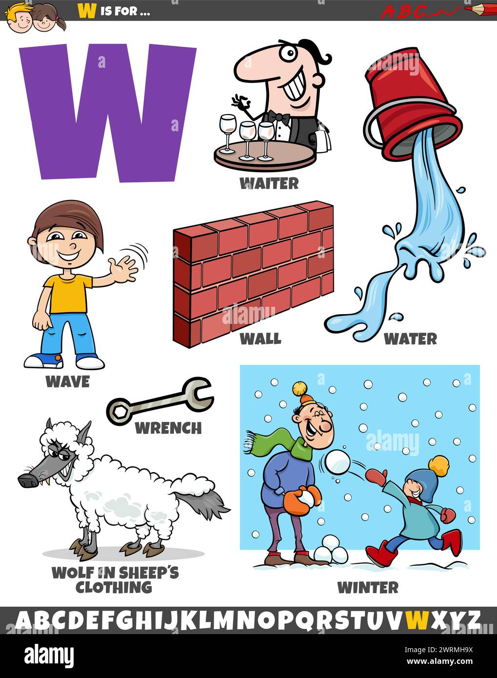 Cartoon illustration of objects and characters set for letter W Stock ...