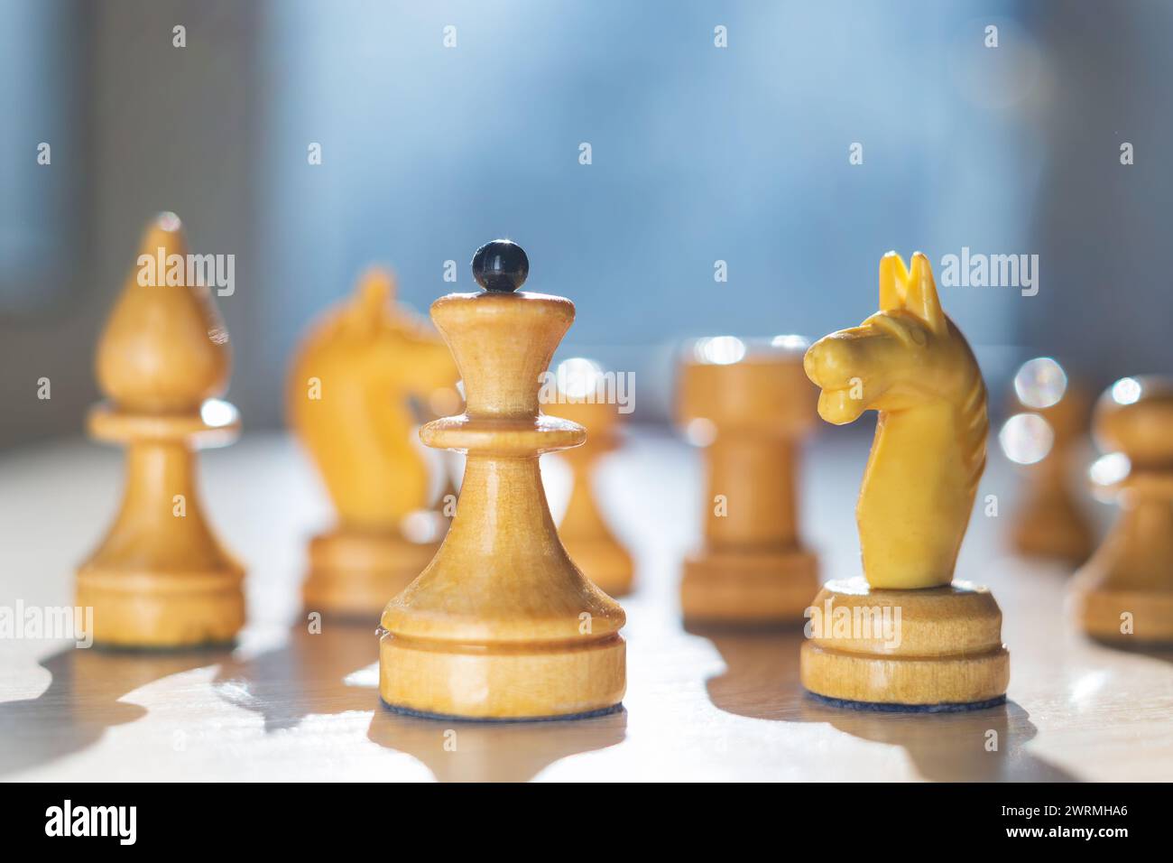 White chess pieces. The queen and her army. Bright saturated colors ...