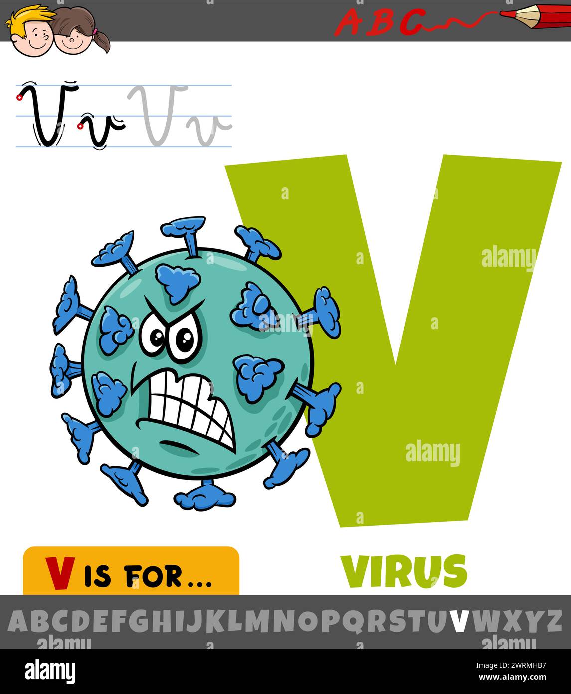 Educational cartoon illustration of letter V from alphabet with virus ...