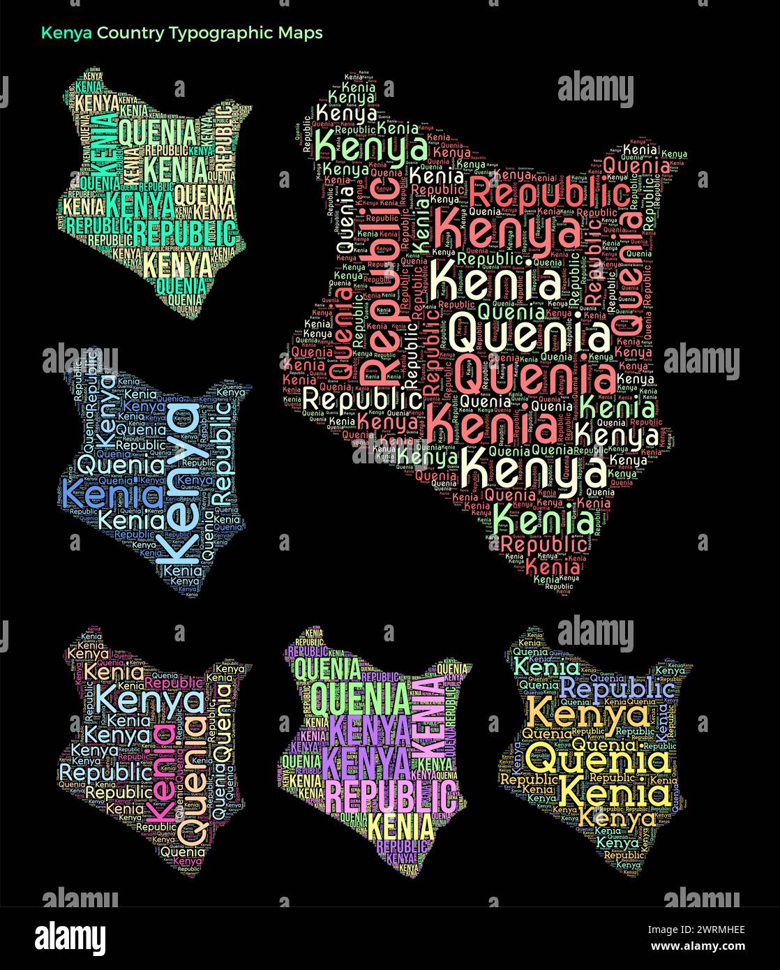 Kenya. Set of typography style country illustrations. Kenya map shape ...