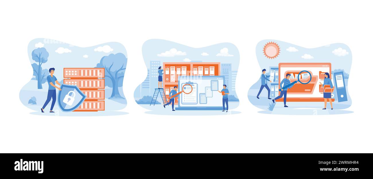 Man Holding Shield And Server Or Hard Disks Searching Files In Database Searching Files In