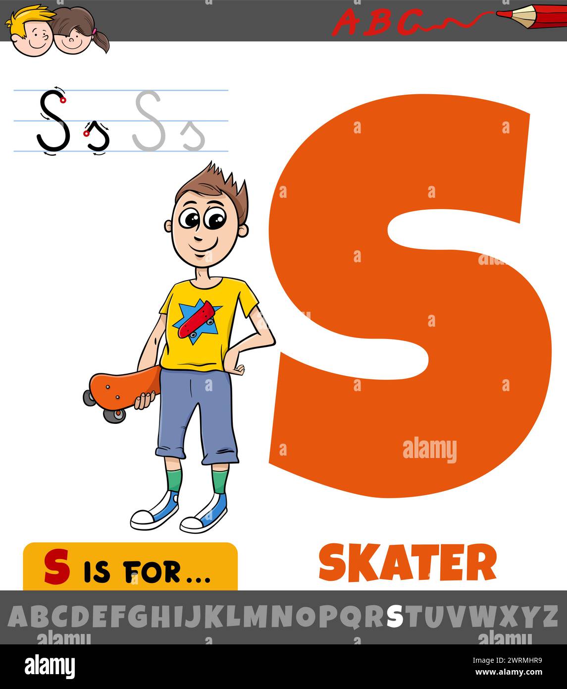 Educational cartoon illustration of letter S from alphabet with skater ...