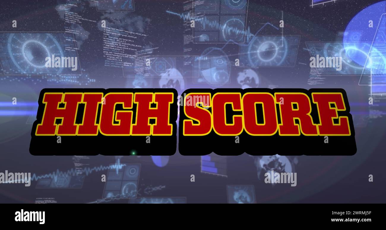 Image of high score text over scope scanning and data processing Stock Photo - Alamy