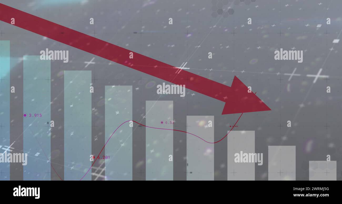 Image of red arrow pointing down, statistics recording over flickering background Stock Photo ...