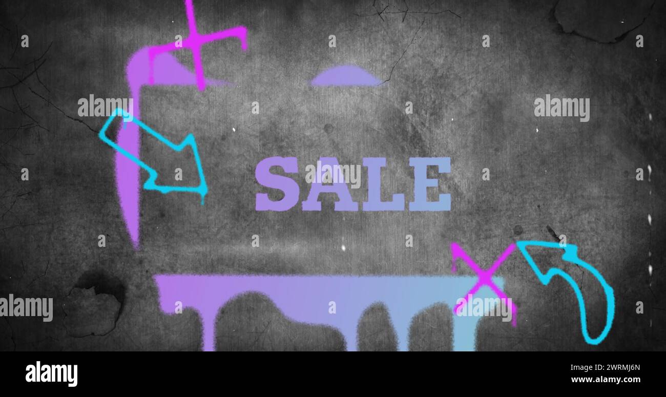 Image of sale text in purple with sprayed shapes over distressed grey ...