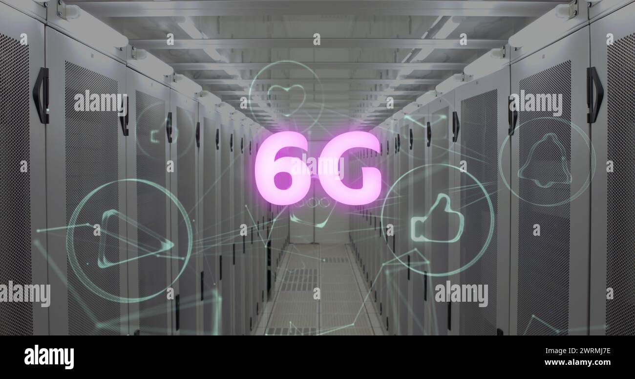 Neon pink 6g text and network of digital icons against empty server ...