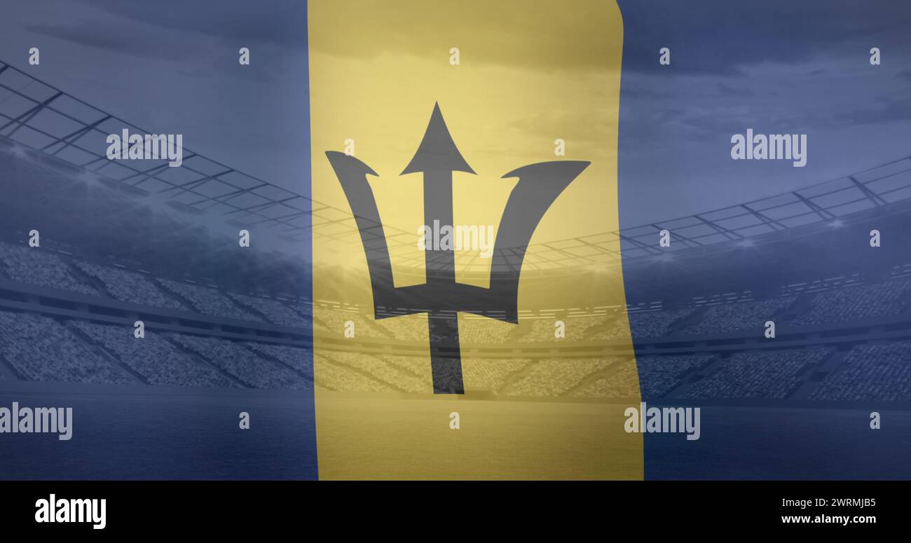 Image of waving flag of barbados over sport stadium. Sports ...
